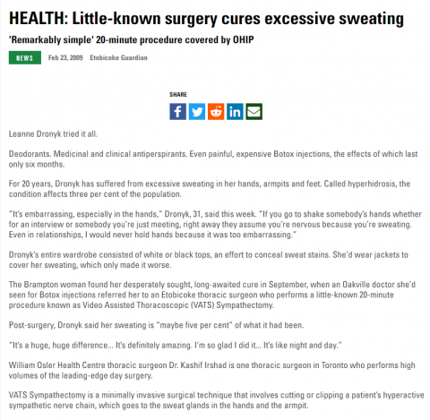 HEALTH: Little-known surgery cures excessive sweating | Division of ...